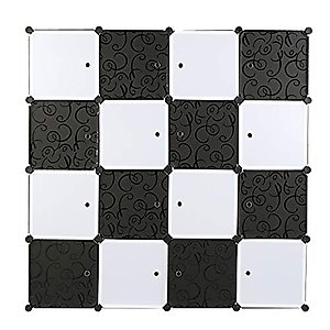 DWLOMHE Portable Cabinets Storage, Plastic Storage Shelf 16 Cubes Organizer DIY Furniture,Storage Organizer with Doors,with 3 Clothes Rails