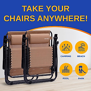 SereneLife Zero Gravity Chairs Set of 2 - Adjustable Steel Mesh Lawn Chairs - Outdoor Lounge Chairs with Detachable Cup Holder Tray - Foldable Outdoor Chair with Removable Pillows - Ivory