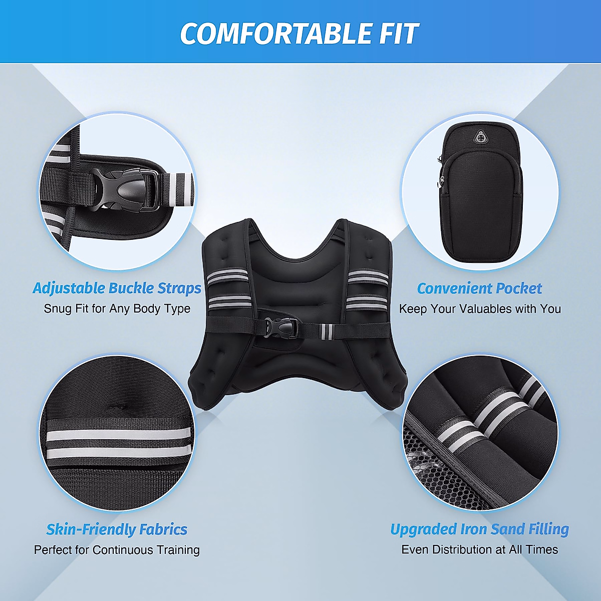 ZELUS Weighted Vest, 6lb/8lb/12lb/16lb/20lb/25lb/30lb Weight Vest with Reflective Stripe for Workout, Strength Training, Running, Fitness, Muscle Building, Weight Loss, Weightlifting, Black(12 lb)