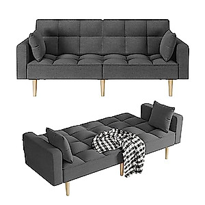 Senfot Sofa Couch, 78”W Sleeper Sofa Bed, Linen Futons with Upholstered Button Tufted Design, Convertible Futons with Thickened Wood Leg for Living Room, Bedroom and Office in Dark Grey