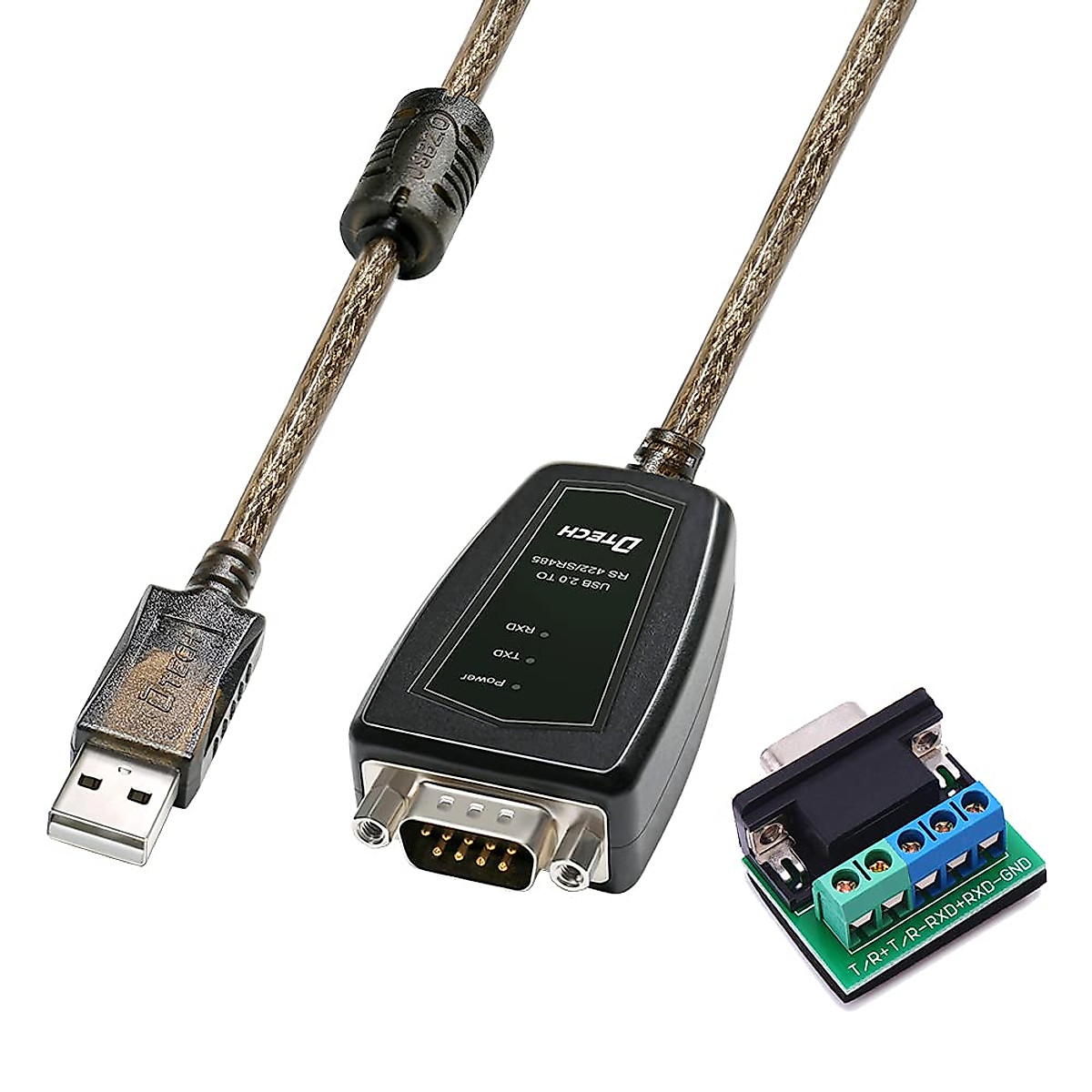 DTECH USB to RS485 Adapter RS422 Serial Port Cable with CP2102 Chip Terminal Board LED Lights Ferrite Core for Windows 11 10 8 7 XP Mac (5 Feet)