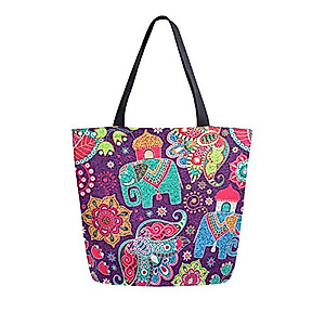 ALAZA Large Canvas Tote Bag Cute Indian Floral Elephant Shopping Shoulder Handbag with Small Zippered Pocket