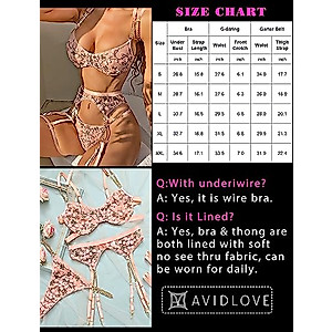 Avidlove Lingerie Set for Women Sexy 4 Piece Garter Lingerie Lace Underwire (Pink, M)