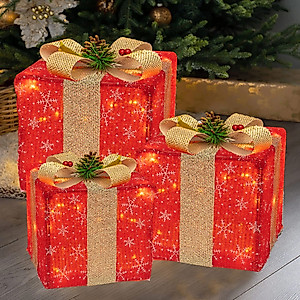 Funpeny Set of 3 Christmas Lighted Gift Boxes, 60 LED Christmas Box Decorations, Presents Boxes with Ribbon Bows Christmas Decorations for Xmas Tree, Yard, Home, Indoor Outdoor Holiday Decor