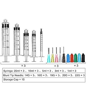Blunt Tip Food Syringe with Needle - Resin Refilling Glue Lube Liquid Plastic Syringes, 15 Pack - 20, 10, 5, 3, 1ml/cc Syringes for Lip Gloss Base Ink Precision Oil Craft Applicator