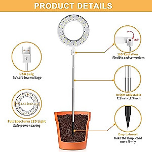 Juhefa Grow Light for Indoor Plants Growing, 4000K White Full Spectrum Halo Plant Lamp for Seedlings Succulents Small Mini Plants, Auto On Off Timer 4/8/12/18Hrs & 3 Colors Changeable