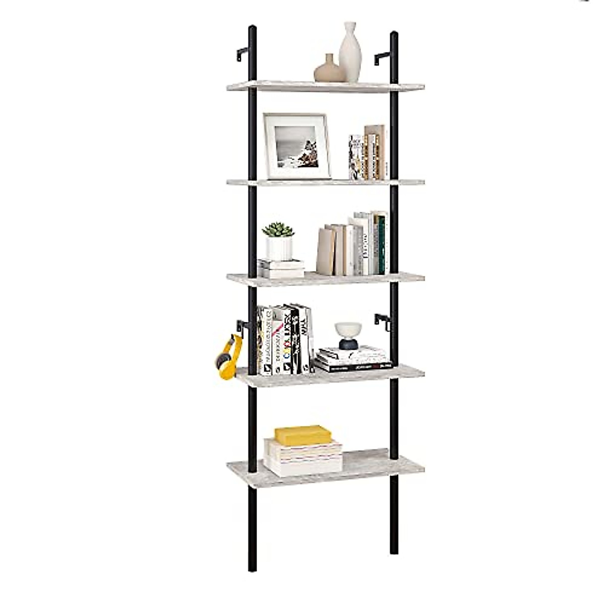Bestier 70" Industrial Wall-Mounted Ladder Shelf 5 Tier Bookshelf with Storage Organizer Plant Flower Display Stand Round Tube Bookcase Rack with 2 Hooks for Home Office, Gray