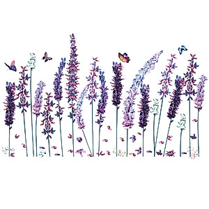 RW-1028 3D Flowers Wall Decals Purple Lavender Wall Stickers Flower Plant Butterfly Decoration DIY Removable Garden Lavender Floral Wall Art Decor for Kids Girls Bedroom Living Room Nursery Office