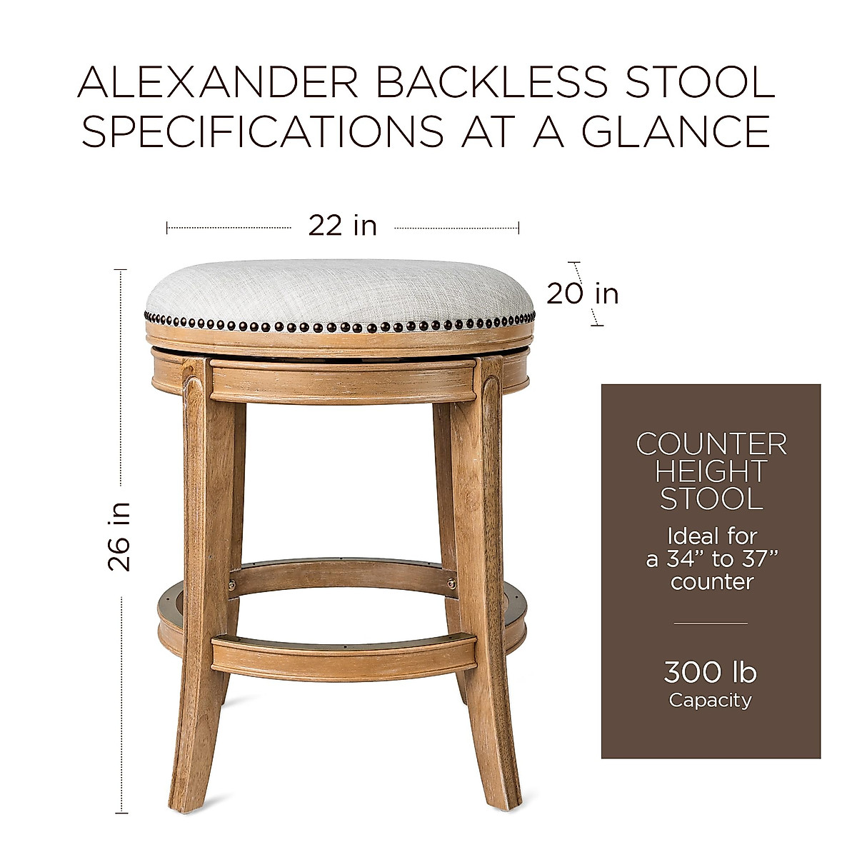 Maven Lane Alexander 26 Inch Tall Counter Height Rotating Backless Barstool in Weathered Oak Finish with Sand Color Fabric Upholstered Seat