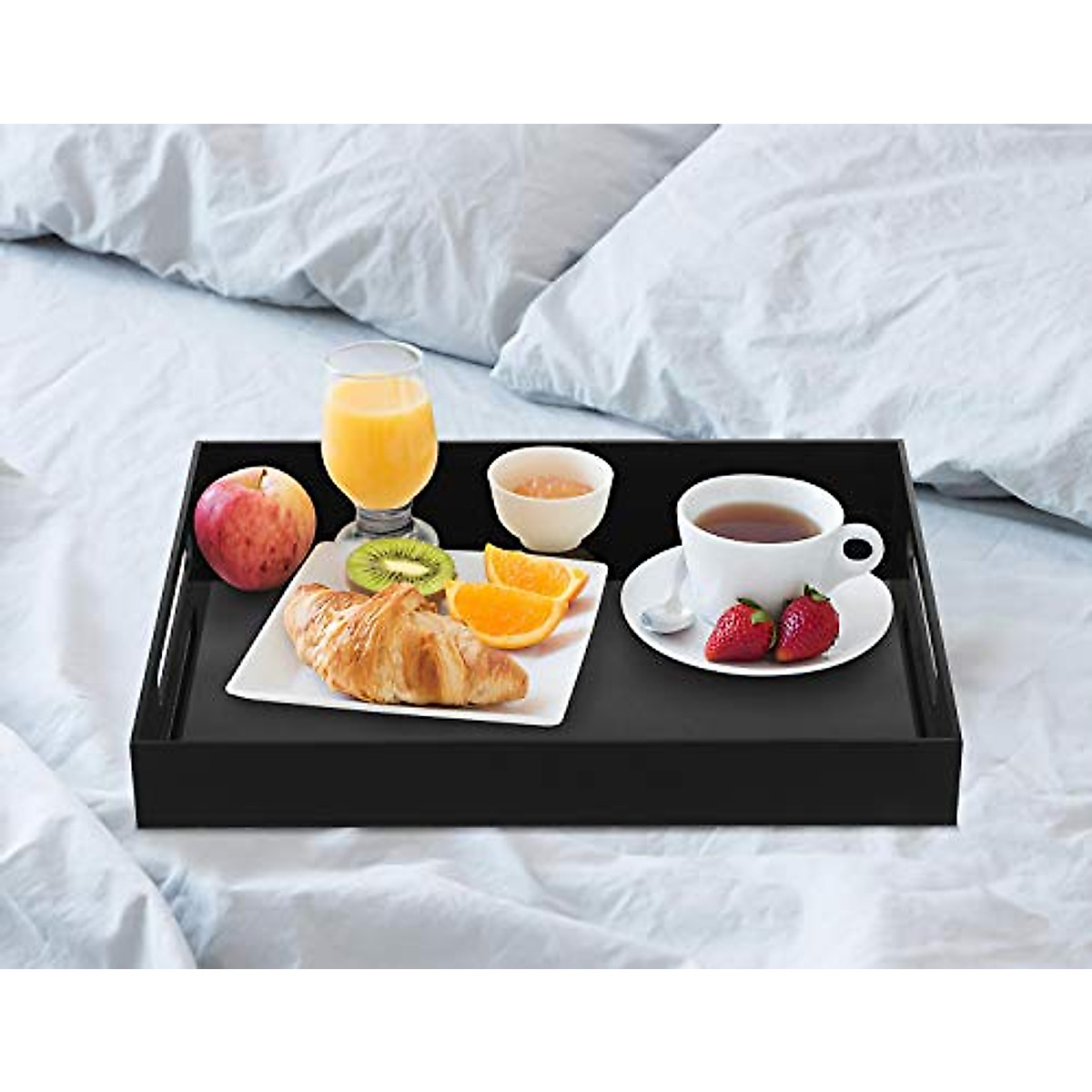 HofferRuffer Black Serving Tray, Waterproof Acrylic Tray with Handles for Coffee Table, Ottoman, Breakfast, Tea, Food, 16" x 12"