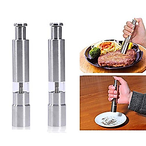 Salt and Pepper Grinder Set of 2,Stainless Steel Push Button Grinder Modern Design Thumb Grinder, for Black Pepper, Sea Salt and Himalayan Salt, Spice and Salt