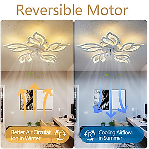 haodengshi 25" Modern Ceiling Fan with Lights and Remote Control, White Geometric Ceiling Fan with Lights, 3 Light Color 6 Speeds Flush Mount Low Profile Ceiling Fan for Bedroom Kitchen