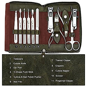 FAMILIFE Manicure Set, Nail Kit 11 in 1 Gifts for Men him Pedicure Kit Stainless Steel Mens Manicure Kit Professional Leather Pedicure Tools Mens Grooming Kit with Dark Green Travel Case Nail Clippers
