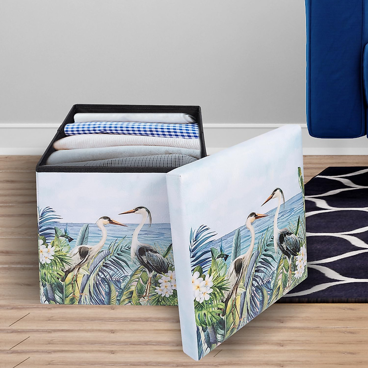 Corner Merchant Collapsible Ottoman Storage Box with Lid Decorative Coastal Decor (Blue Heron)