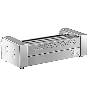 VEVOR Hot Dog Roller, 12 Hot Dog Capacity 5 Rollers, 750W Stainless Steel Cook Warmer Machine with Dual Temp Control, LED Light and Detachable Drip Tray, Sausage Grill Cooker for Kitchen Restaurant