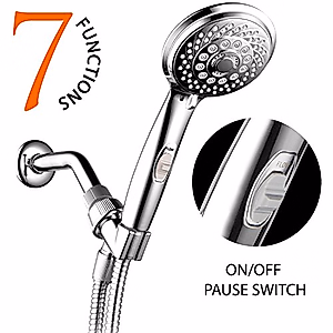 HotelSpa 7-Setting AquaCare Series Spiral Handheld Shower Head with Patented ON/OFF Pause Switch and 5-7 foot Stretchable Stainless Steel Hose (Premium Chrome)