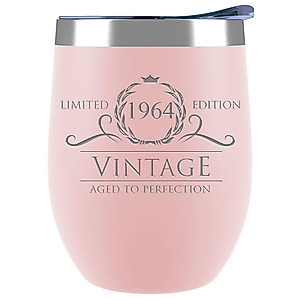 Sodilly 60th Birthday Gifts for Women, Vintage 1964 Stemless Wine Tumblers for Women, Wife, Mom, Friends, Sister, Turning 60 and Fabulous Birthday Gifts Wine Tumbler, 12oz Blush