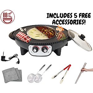 Soup N Grill C2 Circular Edition Hotpot Grill Combo Indoor Korean BBQ, Shabu Shabu Electric Hot Pot with Divider, Portable with Free Strainer Scoops, Extra Long Chopsticks, Tongs, Cloths, Smokeless Grill