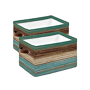 Storage Bins Retro Rustic Barn Wood Teal Green Brown Storage Box Foldable Storage Basket for Shelves Storage Cubes Bin for Organizing Closet Nursery Toy Organizers with Handles