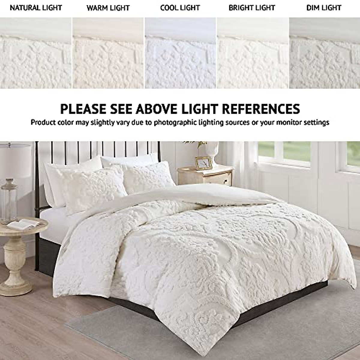 Madison Park Tufted Chenille 100% Cotton Duvet- Modern Luxe All Season Comforter Cover Bed Set with Matching Shams, King/Cal King(104"x92"), Damask Off White 3 Piece