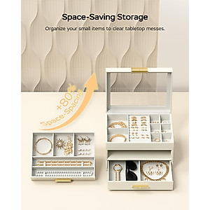 Jewelry Box for Women, 3-Layer Jewelry Organizer with Glass Lid, Flip-Top Leather Jewelry Boxes with 2 Drawers,Earring, Necklace, Ring, Bracelet Organizer Box for Big and Small Jewelry - Cloud White