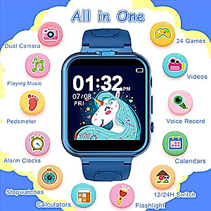 Smart Watch for Kids Girls Boys, Kids Watches with Dual Cameras 24 Learning Games Music Video Pedometer Alarm Calculator Watches, Gift for 3-10 Years Olds Girls Boys(Blue)