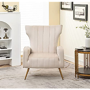 Container Furniture Direct Modern Velvet Accent Chair, Channel Tufted Bedroom, Office or Living Room Furniture with Elegant Metal Legs, 26" Wide Armchair, Beige