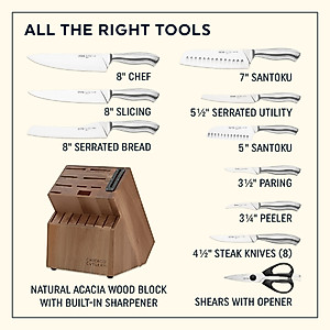 Chicago Cutlery Insignia Steel (18-PC) Kitchen Knife Block Set & Built-In Sharpener, Contoured Ergonomic Handles and Sharp Stainless Steel Professional Chef Knife Set & Scissors With Bottle Opener