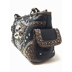 Texas West Rhinestone Embroidered Metal Skull Leather Womens Concealed Carry Handbag With Matching Wallet 6 colors (Black)