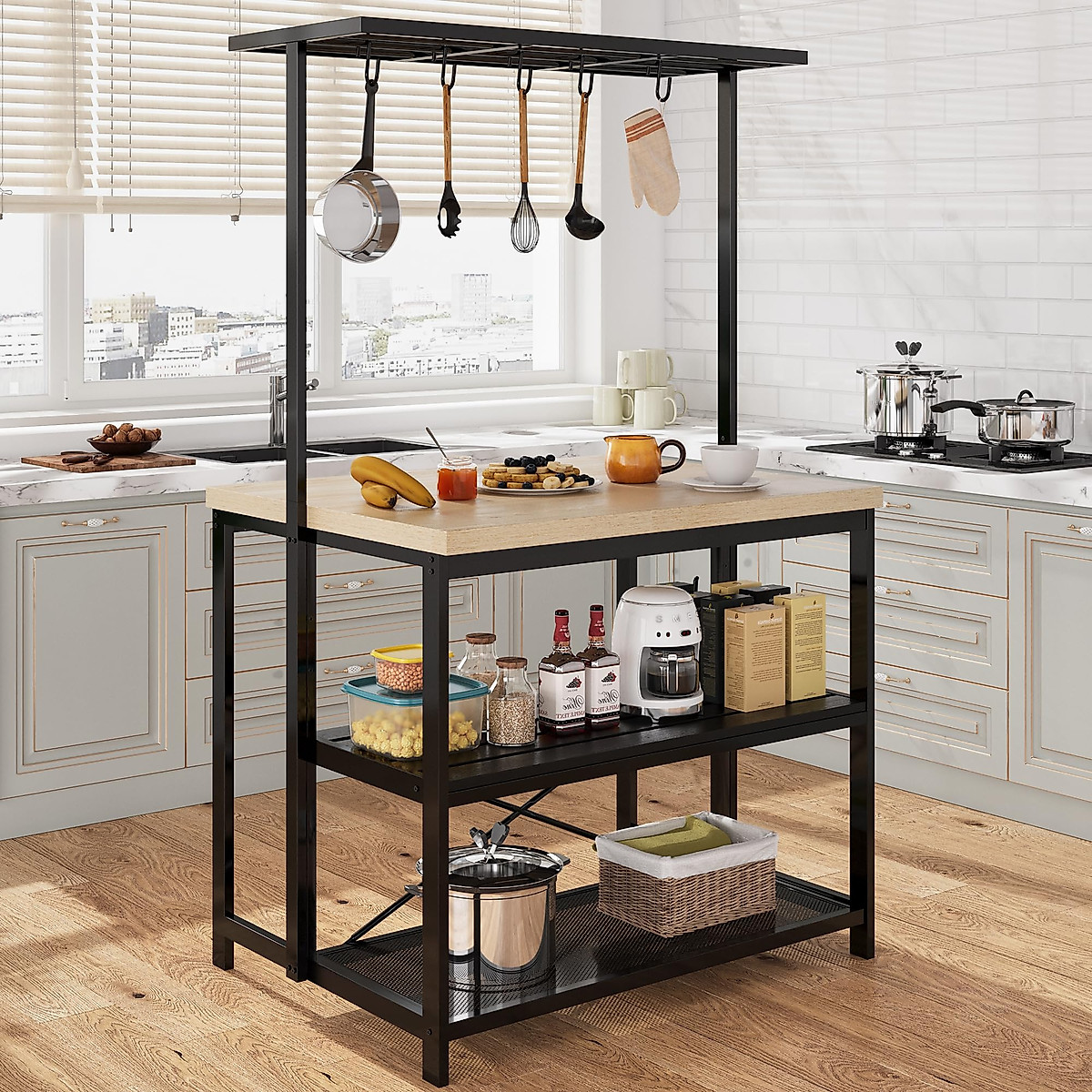 Alkmaar 42" Large Kitchen Island Bakers Rack Microwave Oven Stand Kitchen Shelf with 3 Tier Storage, Metal Coffee Bar Table,Kitchen Storage Shelf for Dining Living Room, 5 Hooks, 42"*28"*72"