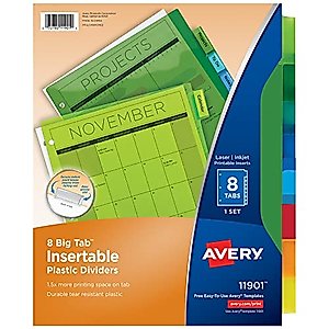 Avery Dividers for 3 Ring Binders, 8-Tab Binder Dividers, Plastic Binder Dividers, Insertable Big Tabs, Multicolor, 24 Sets (11901)