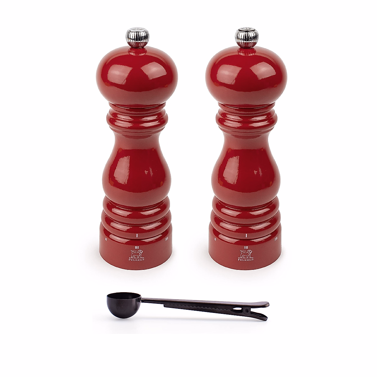 Peugeot Paris u'Select 7-inch Salt & Pepper Mills Gift Set, Passion Red - With Stainless Steel Spice Scoop/Bag Clip