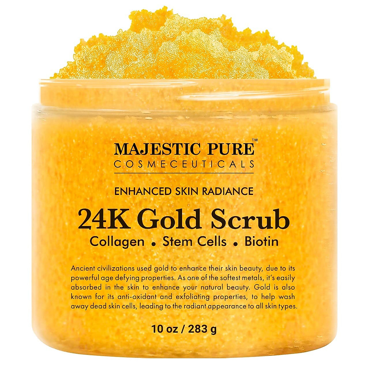 MAJESTIC PURE 24k Gold Scrub with Collagen and Biotin | Exfoliating Body Scrub for Skin Care, Stretch Marks, Acne, Cellulite | Body Scrub Exfoliator |10 oz