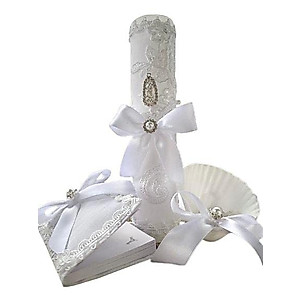 Baptism White Candle Set with Lady of Guadalupe Medal and Pearls Details