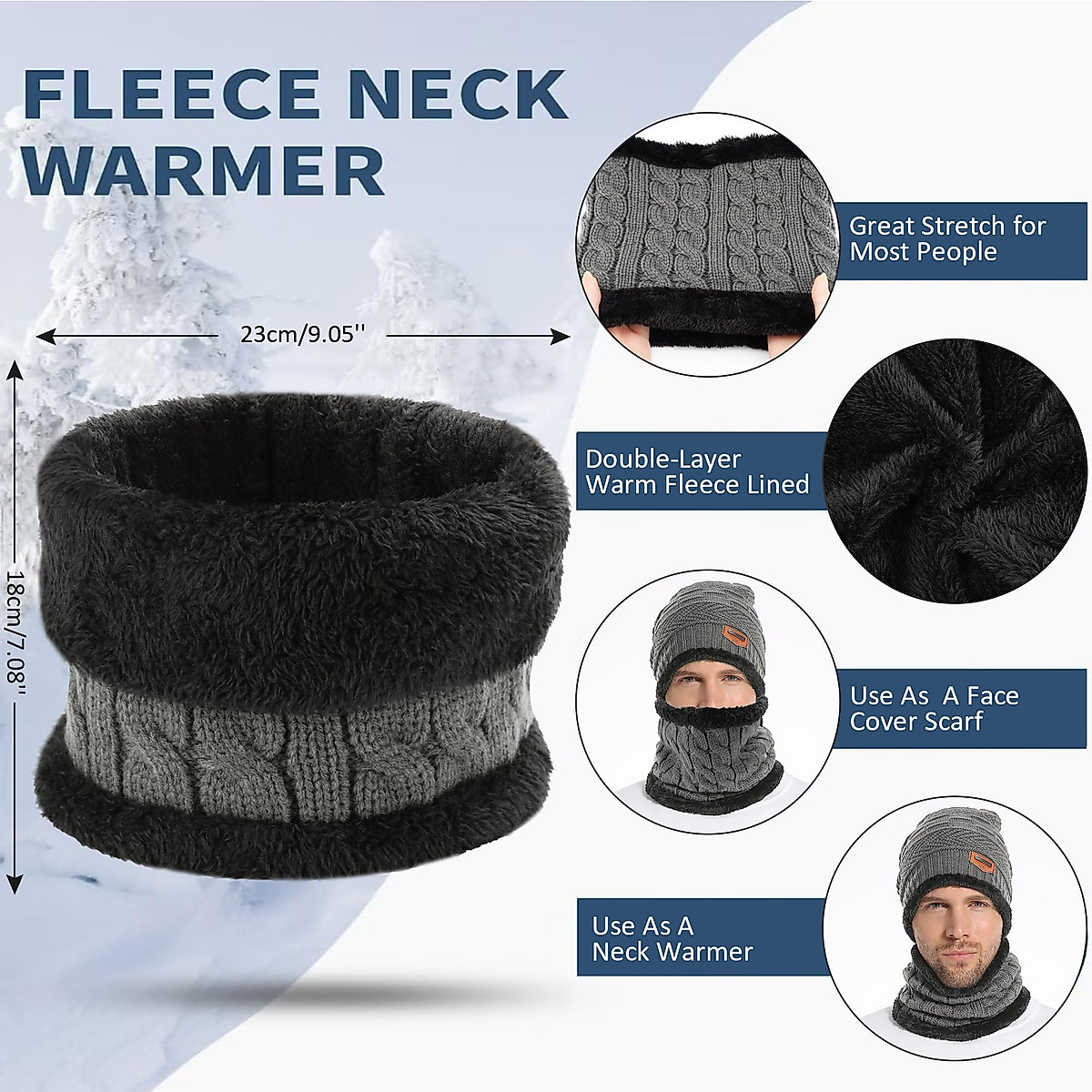 FZ FANTASTIC ZONE Mens Womens Winter Beanie Hat Scarf Set Warm Knit Thick Fleece Lined Skull Cap Neck Warmer for Men Women Dark Grey