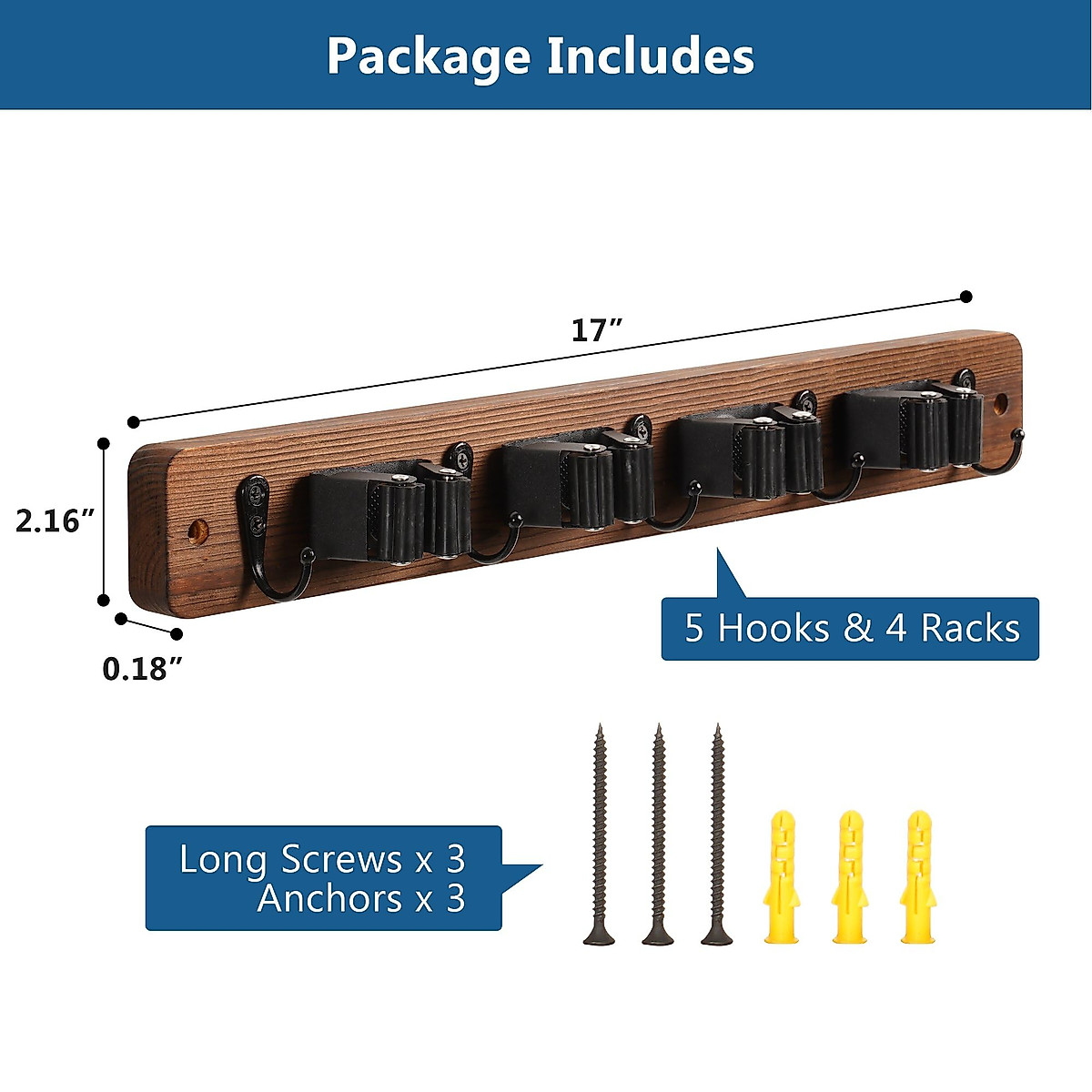 jabrand Broom Holder Wall Mount, Wood Mop and Broom Hanger with 4 Slots and 5 Hooks Laundry Room Organizer Tool for Home Garden Garage Yard Kitchen Closet Organization Storage Garden