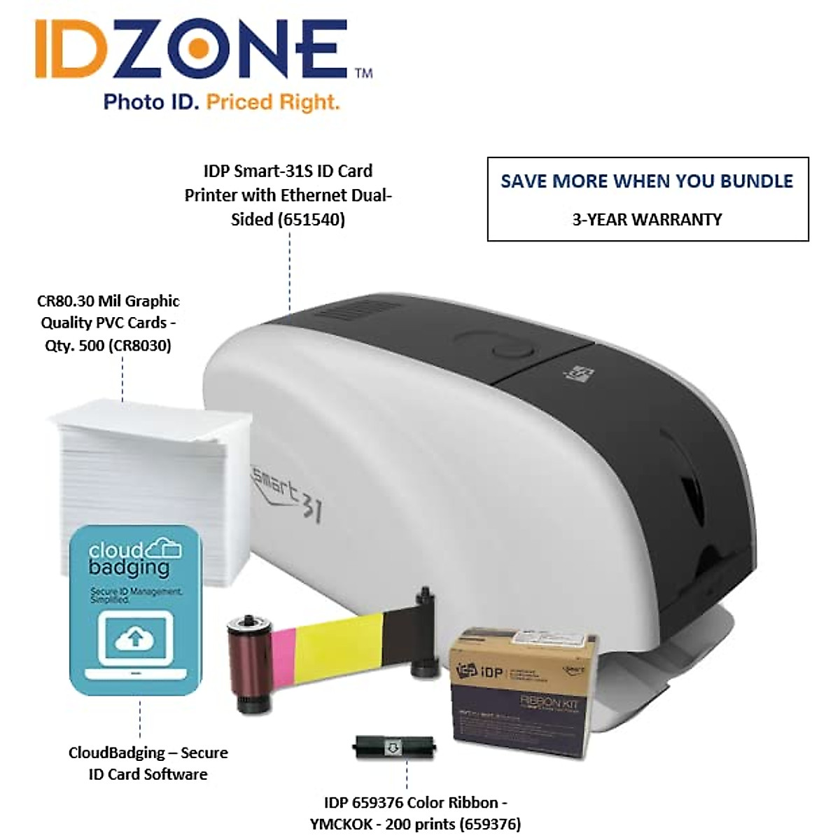 IDP Smart-31S ID Card Printer with Ethernet Dual-Sided - 651540 with IDP 659376 Color Ribbon - YMCKOK - 200 Prints, Premium White Blank Plastic CR80 30 Mil PVC Cards (500 Pack), and CloudBadging Lite