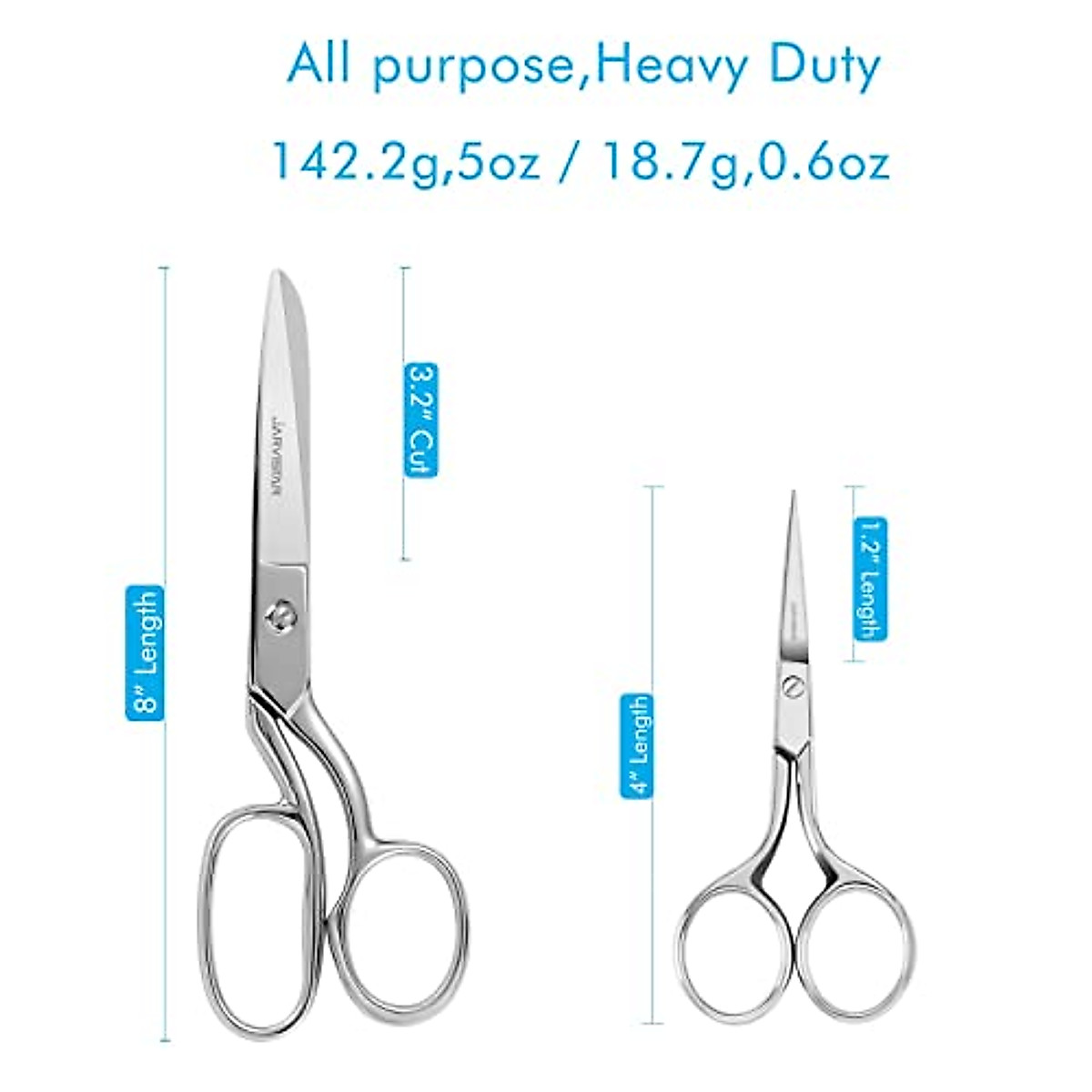 JARVISTAR 8” All Purpose Fabric Tailor Scissors Heavy Duty, Sharp Bent Dressmaker Shears and 4" Precision Small Pointed Embroidery Scissors for Crafts, Thread Needlework, Sewing &Yarn, Stainless Steel