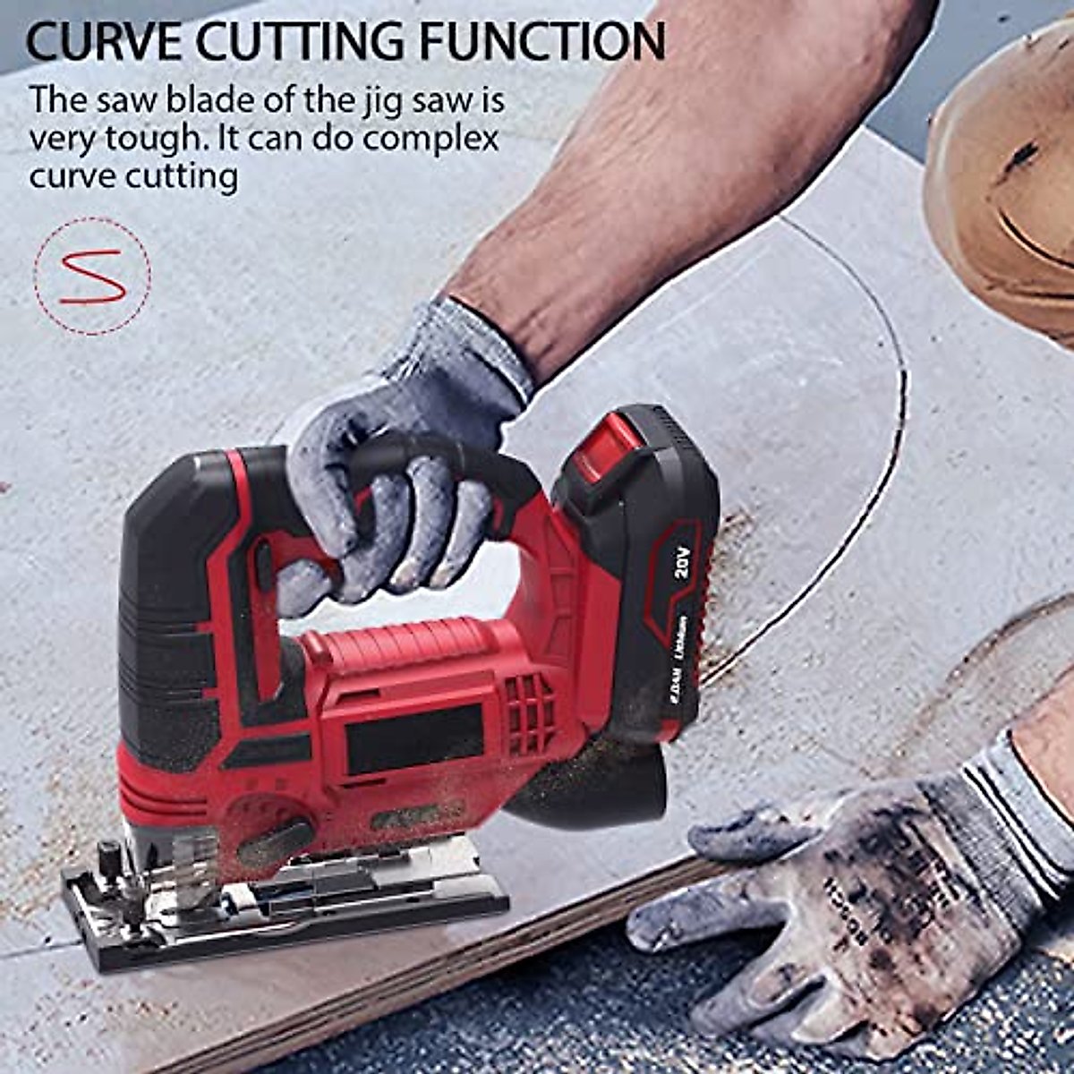 Jigsaw, 20V Cordless Jig Saws with LED, 10Pcs Blades, 4 Orbital Settings, Variable Speed, ±45° Bevel Cutting, Scale Ruler, Tool-free Blade Changing, Battery & Carrying Bag & Fast Charger Included（A）