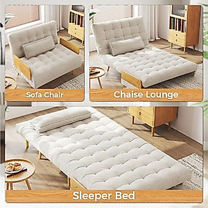 JASIWAY 3-in-1 Convertible Chair Bed Sleeper for Adults, Linen Convertable Sleeper Chair with Wooden Arms & Pillows, Foldable Single Futon Sofa Bed for Small Spaces, Mid Century, 76.6" D x 36.6" W
