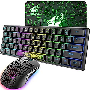 60% Gaming Keyboard and Mouse,Rainbow LED Backlit Gaming Keyboard with Wired Mini Portable Ergonomic 2400 DPI Ultralight Gaming Honeycomb Shell Mouse,Mouse Pad for Windows PC Gamers(Black)