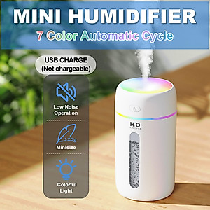 ZPP Small Humidifier, Portable Mini Humidifier with 7-color Lights for Car, Mini Desktop Humidifier for Home, Office, Travel with Night Light, Auto Shut-Off