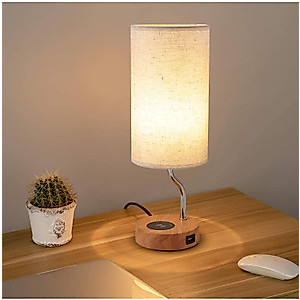 Bedside Table Lamp with Wireless Charger & USB Port - Touch Control LED Desk Lamp for Bedroom, 3-Way Dimmable Wooden Nightstand Lamp with Fabric Shade for Living Room, Kid's Room, Dorm, or Office