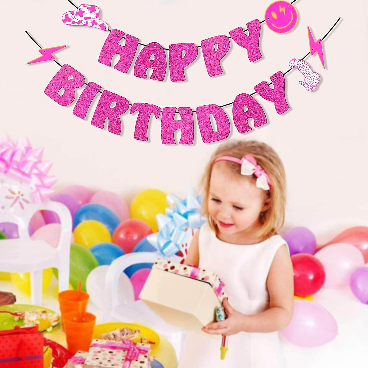Hot Pink Happy Birthday Banner Preppy Happy Face Leopard Party Favors for Kids Teens Girls Birthday Bachelorette Early 2000s Theme Party Y2K Party Hippie Party Decorations