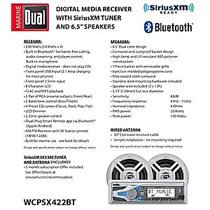 Dual Electronics WCPSX422BT Marine Stereo LCD Single DIN | Marine Radio with Built-in Bluetooth | SiriusXM SXV300 Tuner | Two 6.5-inch Dual Cone Marine Speakers and Marine Antenna
