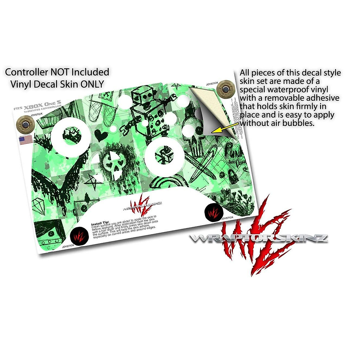 WraptorSkinz Decal Vinyl Skin Wrap compatible with XBOX One S/X Controller - Scene Kid Sketches Green (CONTROLLER NOT INCLUDED)