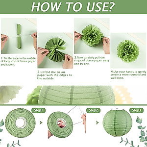 Sage Green Party Decorations Beige Tissue Paper Pom Poms Green Fans Lanterns Sage Party Decorations Boho Green Cream Party Decorations for Sage Birthday Wedding Bridal Baby Shower