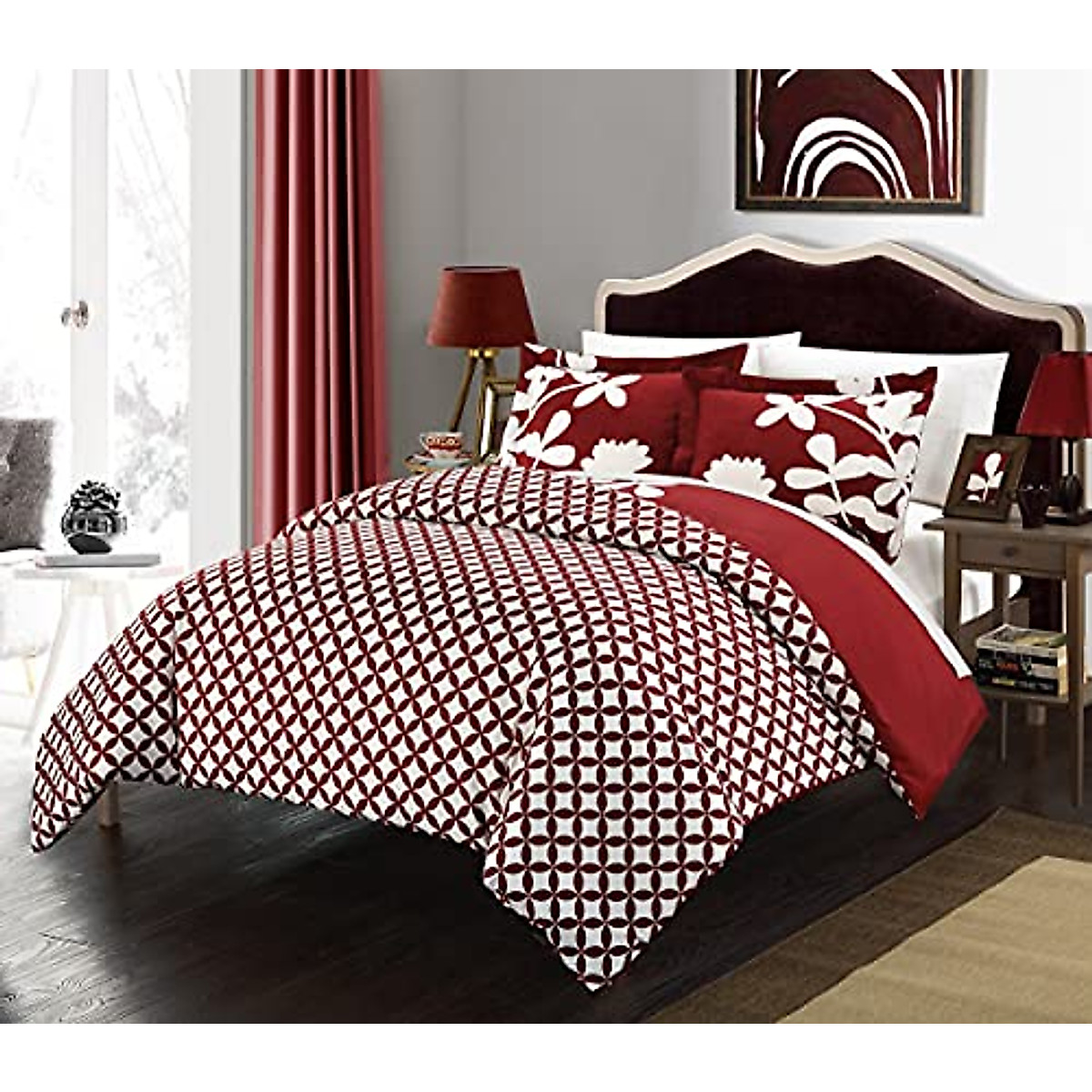 Chic Home 3 Piece Calla Lily Reverse Duvet Cover Set Queen Red