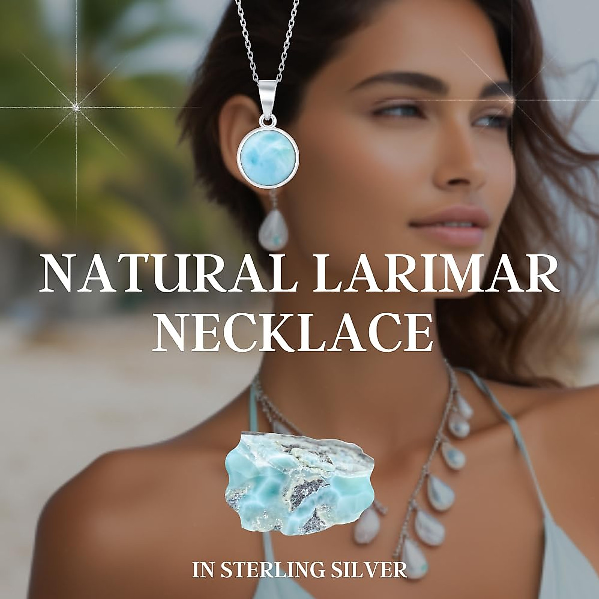 Beaux Bijoux Sterling Silver Blue Larimar Necklace for Women - Natural Larimar Jewelry - Beautiful Blue Larimar Stones - 18 inch Round Pendant Necklace - Larimar Blue Necklaces for Women