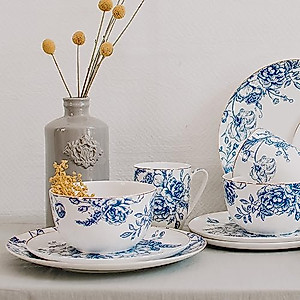 Koken- 4 Bowls Set Fine Bone China with design - Blue & White with Golden Ring - Salad bowls - Soup bowls - Cereal bowls - Mixing Bowls - Kitchen Essentials & Tableware.